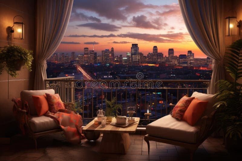 Balcony Overlooking Cityscape with Cozy Seating Area Stock Illustration ...