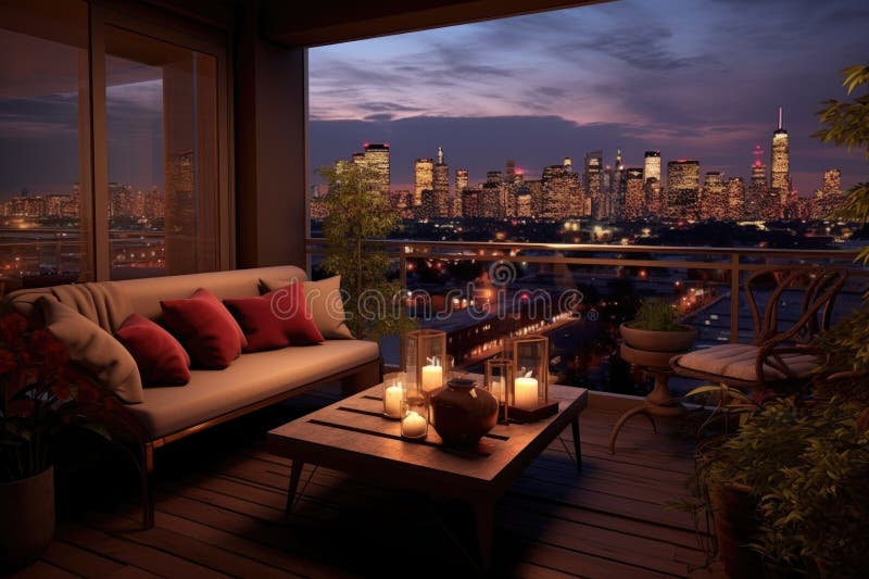 Balcony Overlooking Cityscape with Cozy Seating Area Stock Illustration ...