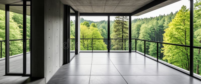 Balcony with Panoramic Windows Overlooking Forest from Black Room Stock ...