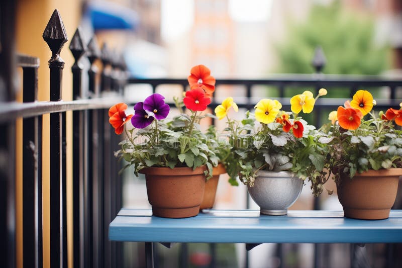 Balcony Railing Lined with Potted Flowers Stock Image - Image of ...