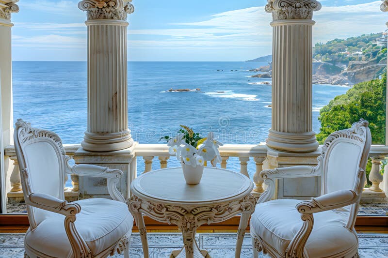 Balcony Overlooking Ocean Interior Design with Table and Chairs Stock ...