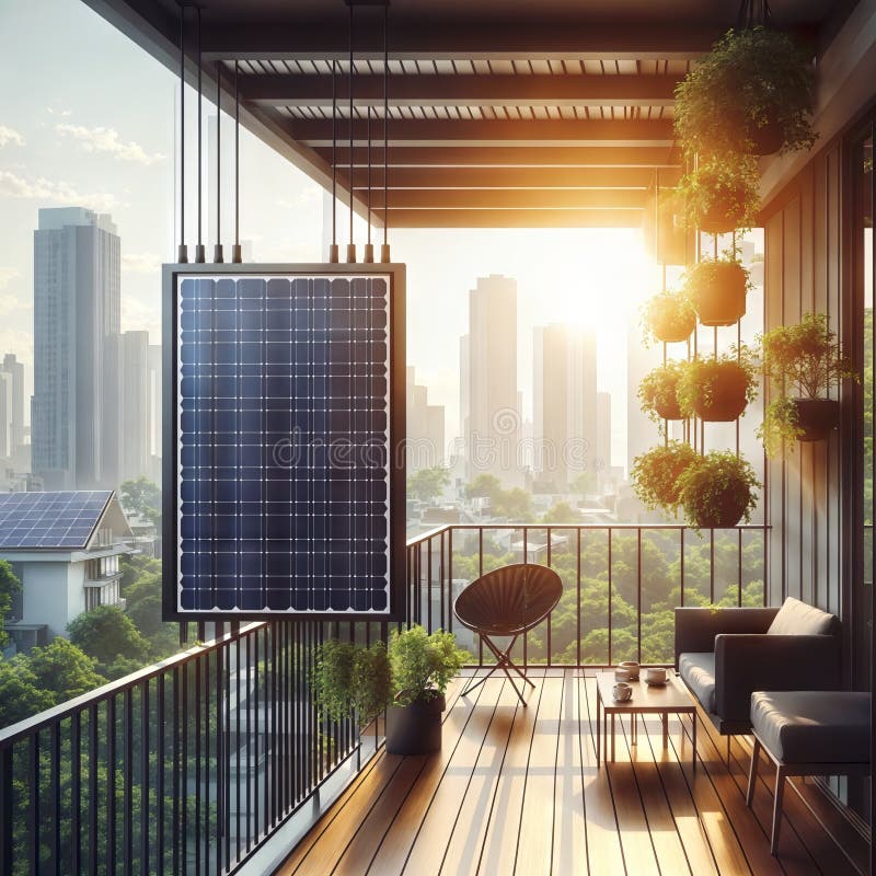 Balcony with a Solar Panel, Plants, and Furniture., Generative Ai Stock ...