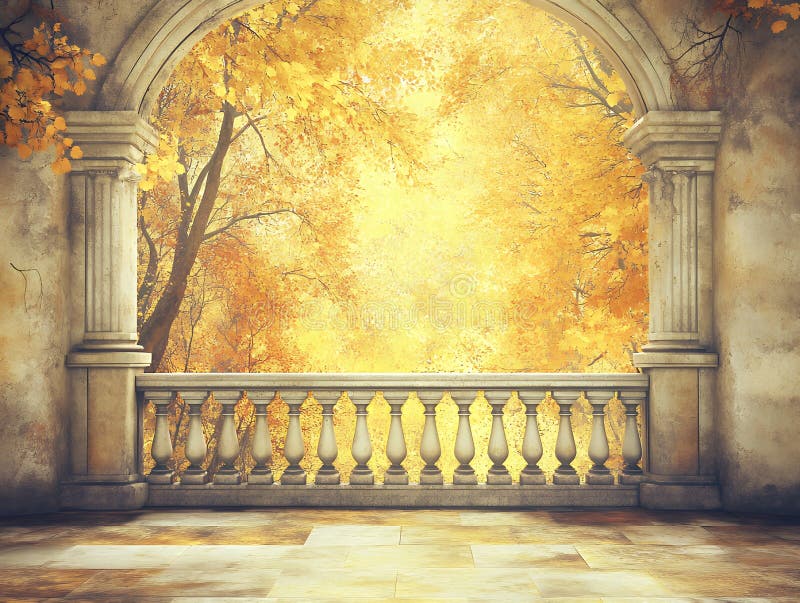 Balcony View of Autumn Trees with Golden Leaves through an Arched Stone ...