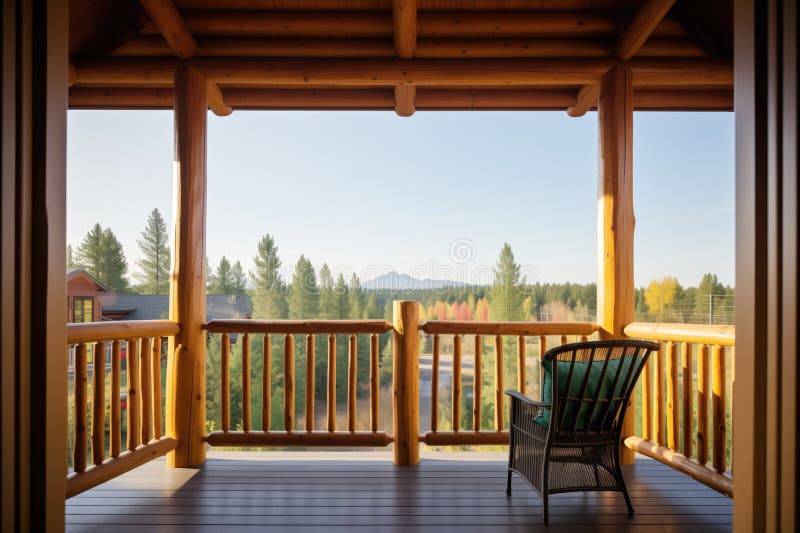 Balcony View Overlooking Forest from Log Cabin Stock Photo - Image of ...