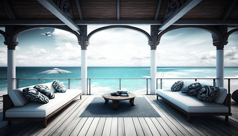 Balcony with a View of the Sea. 3d Rendering Stock Illustration ...