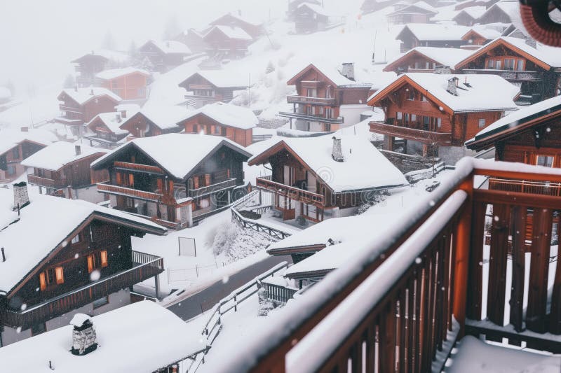 Balcony View of Snowy Chalet Village from Above Stock Image - Image of ...