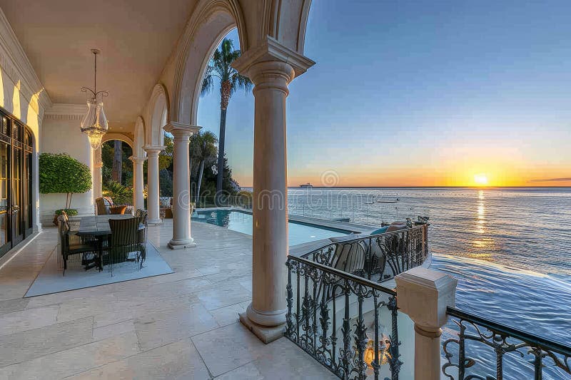Balcony of Waterfront Mansion with View of the Ocean Horizon, a ...