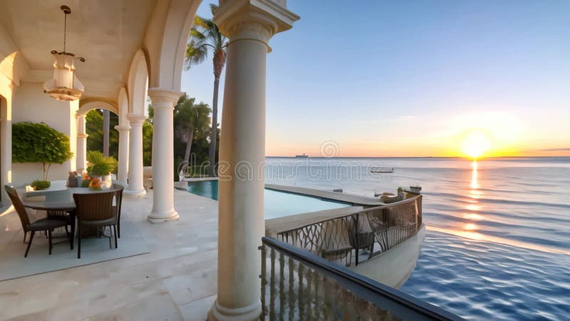 Balcony of Waterfront Mansion with View of the Ocean Horizon, a ...
