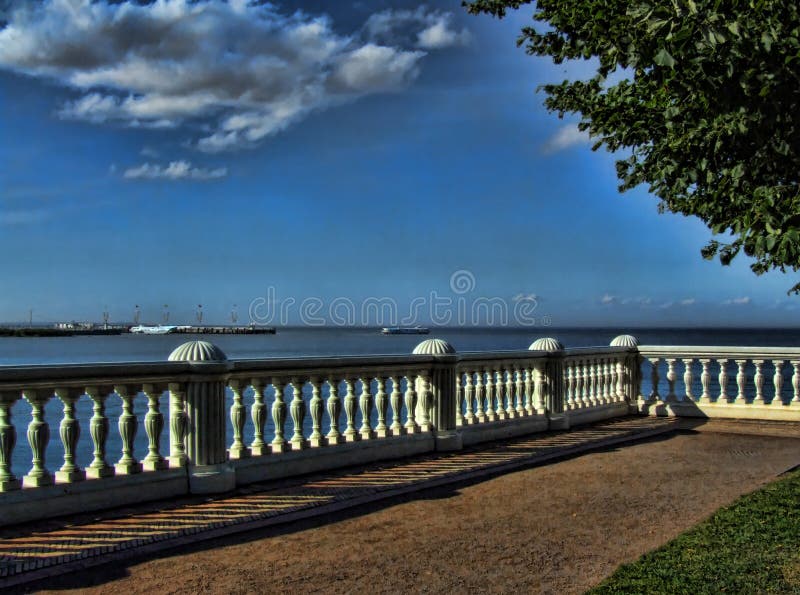 Balcony with White Railing on the Background of the Sea Stock Photo ...