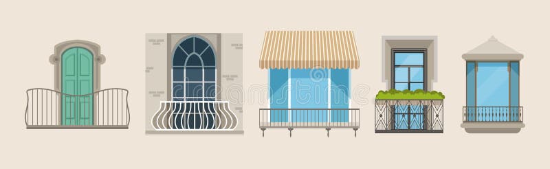 Balcony with Windows Front View and Exterior Vector Set Stock Vector ...