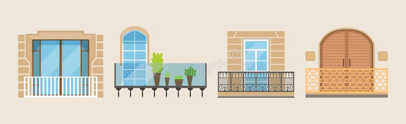 Balcony with Windows Front View and Exterior Vector Set Stock ...