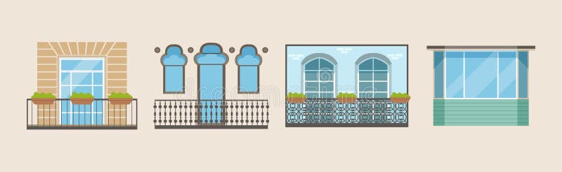 Balcony with Windows Front View and Exterior Vector Set Stock ...