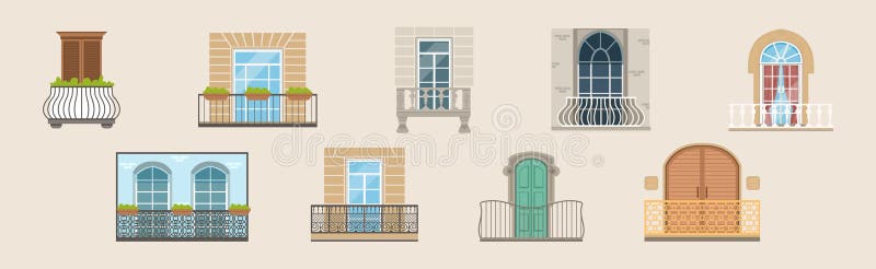 Balcony with Windows Front View and Exterior Vector Set Stock ...