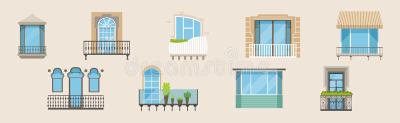 Balcony with Windows Front View and Exterior Vector Set Stock Vector ...