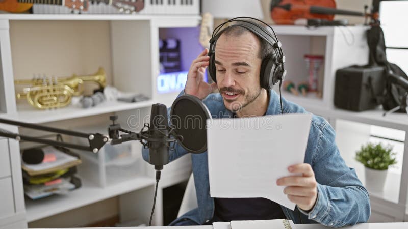 A Bald Bearded Man in a Denim Jacket Reads a Script Indoors while ...