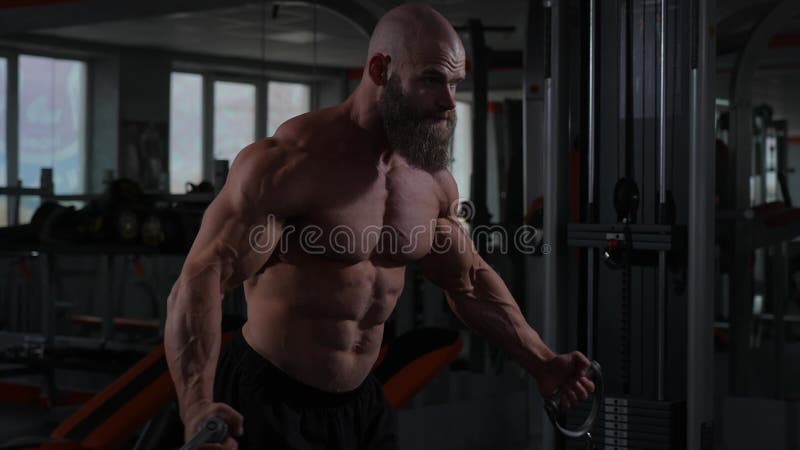 Bald Caucasian Bodybuilder Training Chest Using Cable Crossover in Gym ...