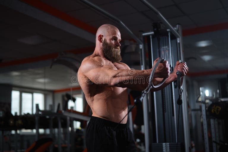 Bald Caucasian Bodybuilder Training Chest Using Cable Crossover in Gym ...