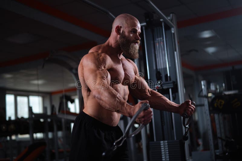 Bald Caucasian Bodybuilder Training Chest Using Cable Crossover in Gym ...