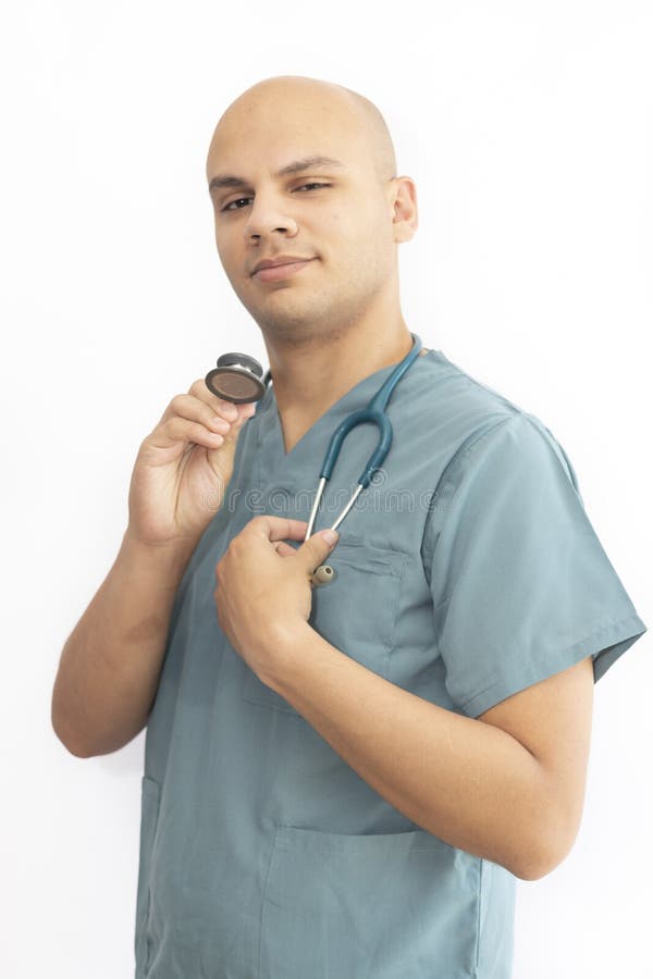 Bald Doctor with Medical Scrubs Stock Image - Image of equipment ...