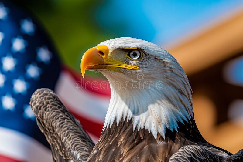 A Bald Eagle, with a American Flag with a Rugged Traditional Backdrop ...