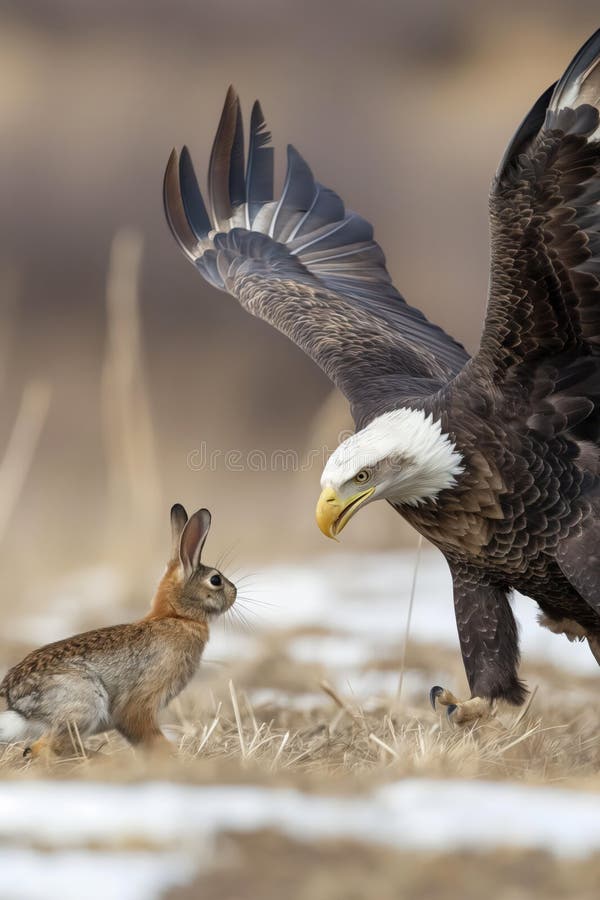 Bald Eagle Approaching Cottontail Rabbit on Ground Stock Image - Image ...