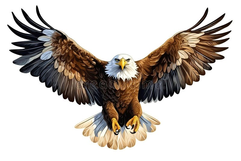 The Bald Eagle Bird Flying, Front View, Watercolor Illustration ...