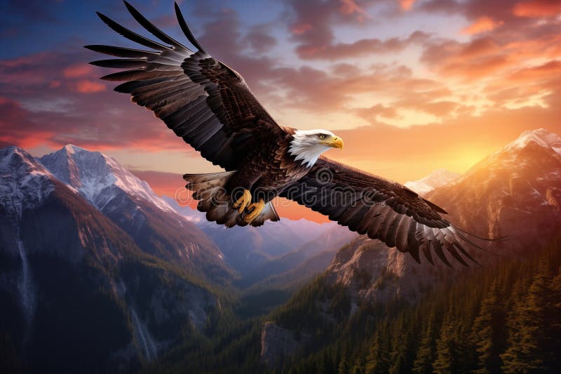 The Bald Eagle Bird of Prey in Flight Over the Mountains, Generative AI Stock Illustration ...