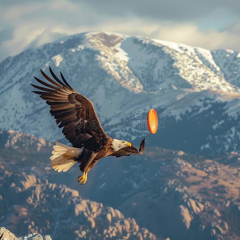 Bald Eagle Catching Disc in Flight Over Snowy Mountains Stock ...