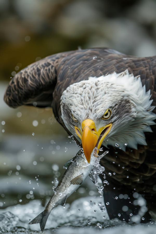 Bald Eagle Catching Salmon while Flying Low Over Water Stock Image ...