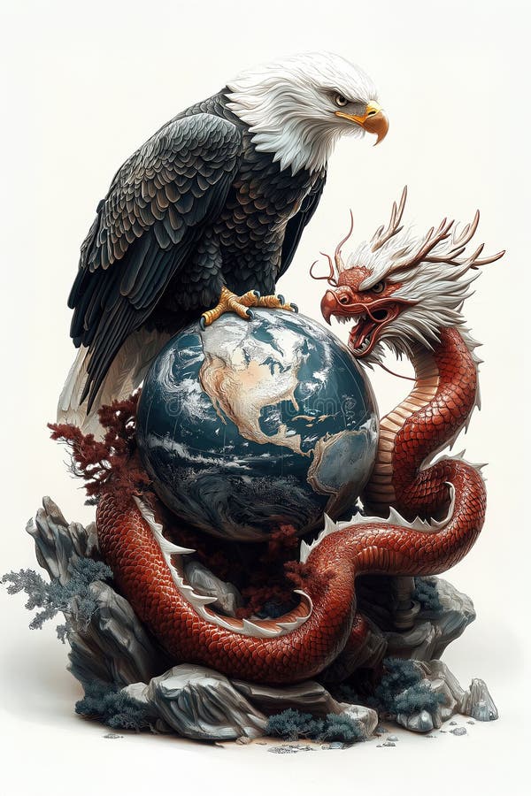 Bald Eagle and Chinese Dragon Facing Off Over Planet Earth Stock ...
