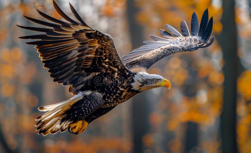 Bald Eagle Flies Low Over Forest in Autumn with Its Wings Spread. Stock ...