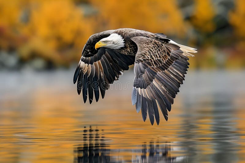 A Bald Eagle Flies Over Water with Reflection, High Quality, High ...