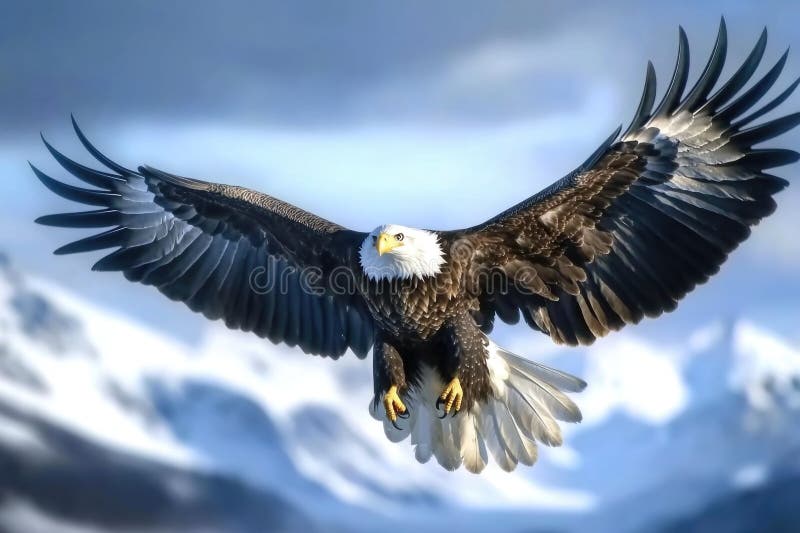 A Bald Eagle Flies through the Sky, with Majestic Mountains Visible in the Distance Stock Photo ...