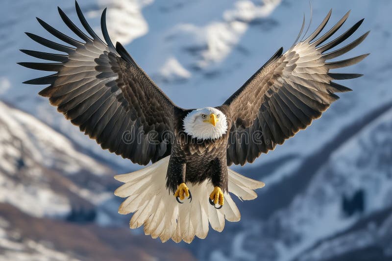 A Bald Eagle Flies with Wings Outstretched Above Snow-capped Mountains. Its Sharp Talons are ...