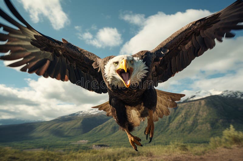 Bald Eagle in Flight with Open Beak. Stock Photo - Image of nature ...