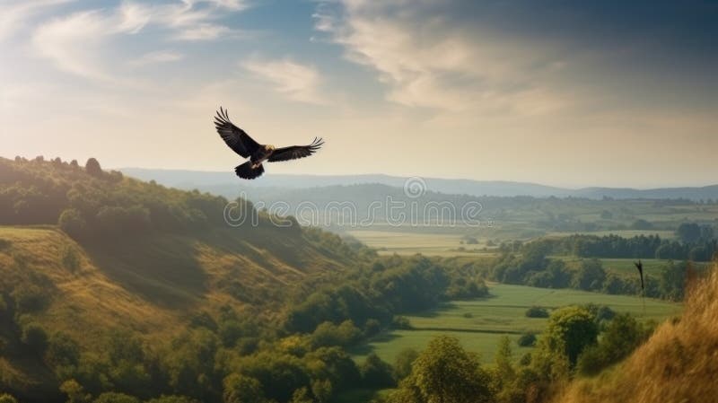 Bald Eagle in Flight Over a Beautiful Landscape in the Morning. - Made ...