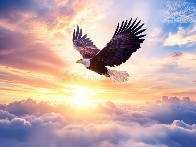 Bald Eagle in Flight Over Clouds Stock Photo - Image of powerful ...