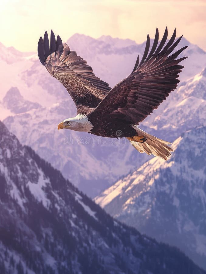 A Bald Eagle in Flight Over a Mountainous Terrain, Ideal for Outdoor or ...
