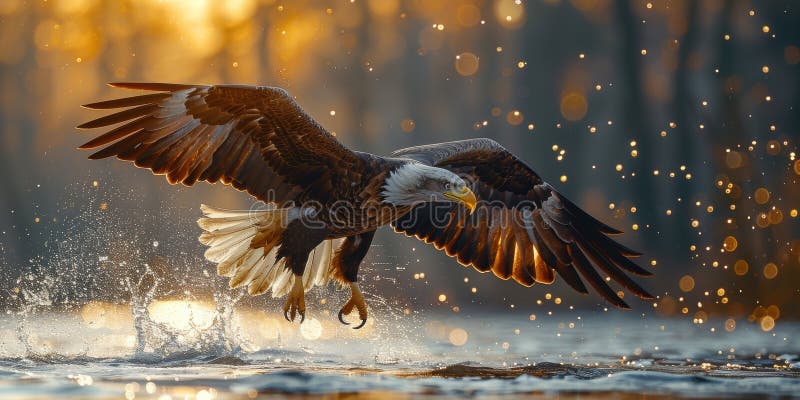 Majestic Eagle Flight Over Golden Sunset Water Wildlife Stock Photos ...