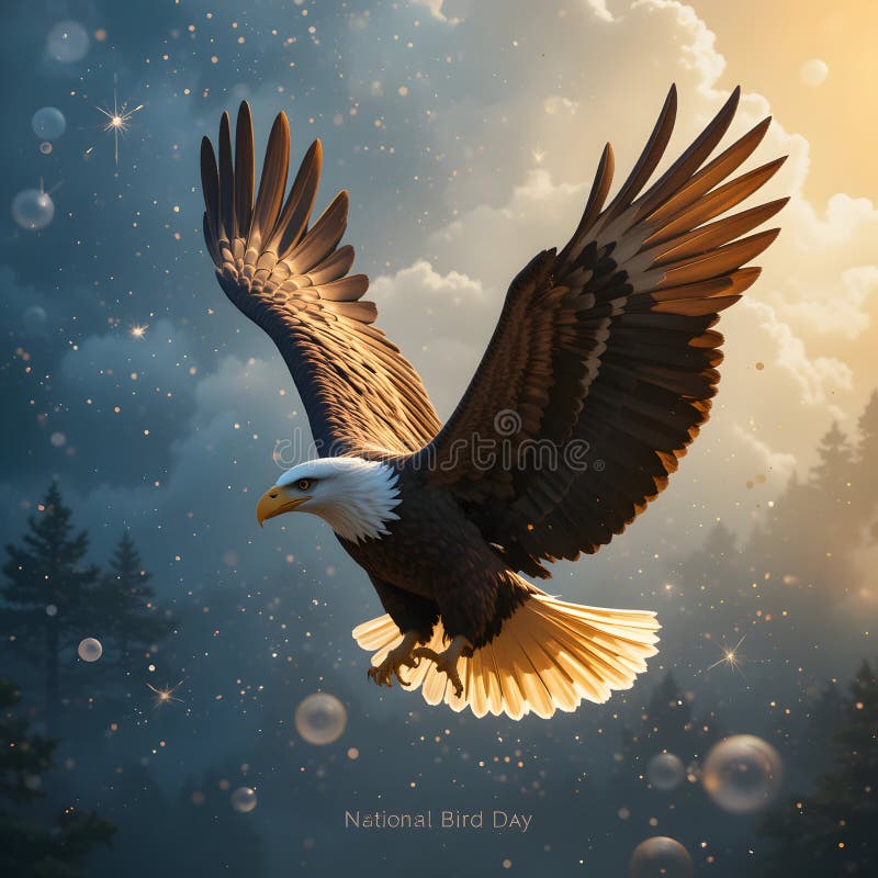 Eagle Soars with Outstretched Wings in Golden Hour Light, Conveying ...
