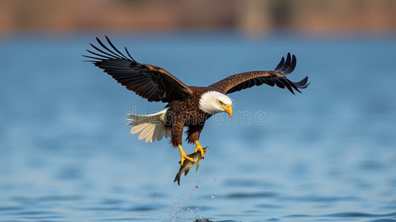 Bald Eagle Flying with Fish Over Water Stock Illustration ...