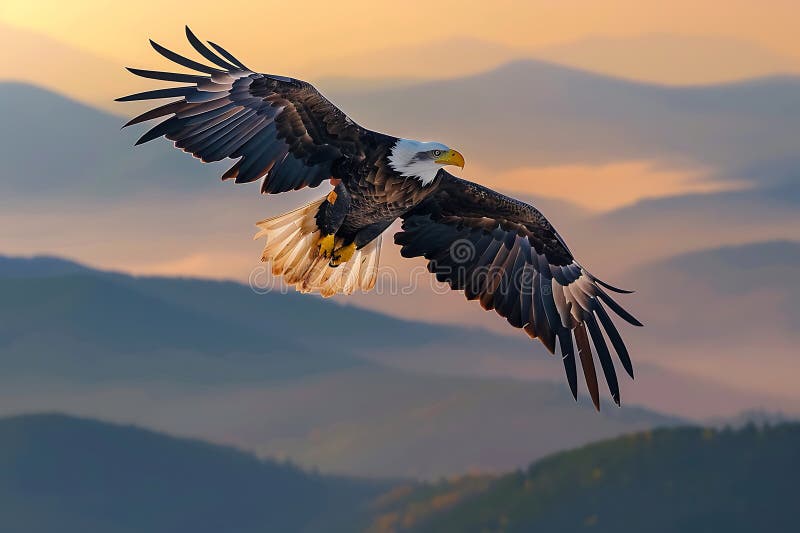 Majestic Bald Eagle Soaring Over Mountainous Landscape at Sunset Stock ...