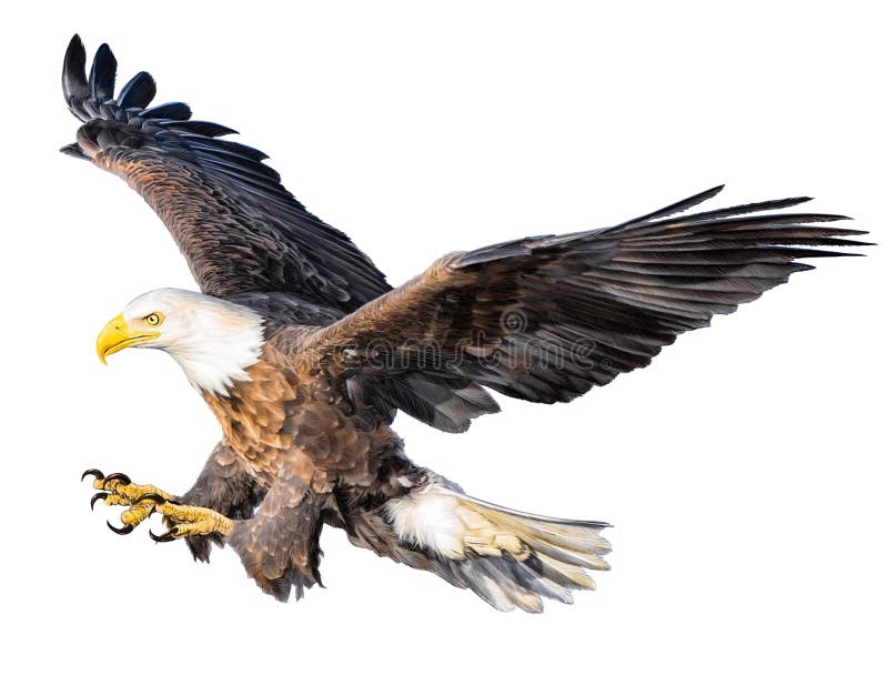 Bald Eagle Flying Attack Hand Draw and Paint Color on White Background ...