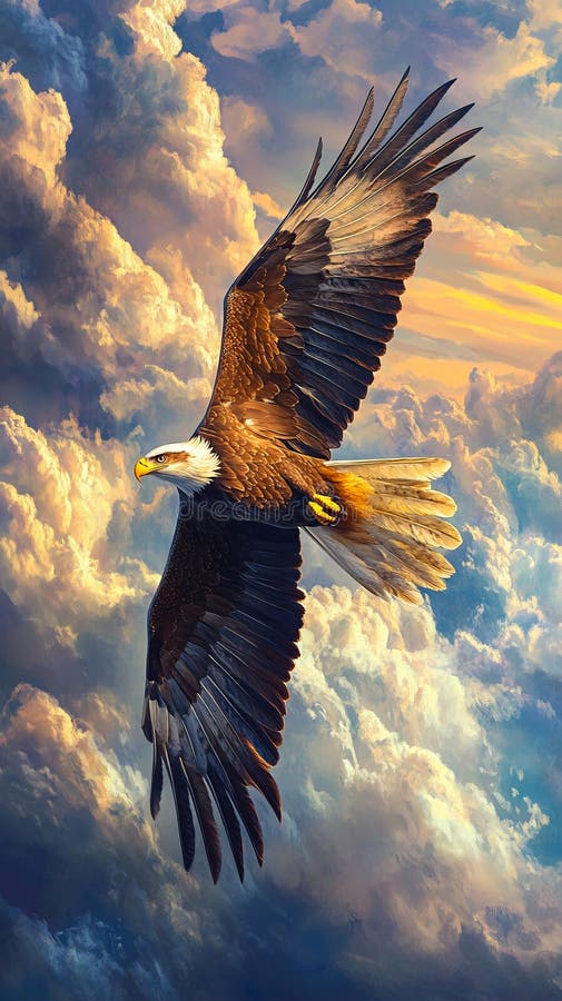 A Bald Eagle Flying through a Cloudy Sky at Sunset Stock Image - Image ...