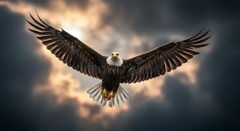 Bald Eagle Flying through Cloudy Sky with Wings Spread Wide Stock Illustration - Illustration of ...