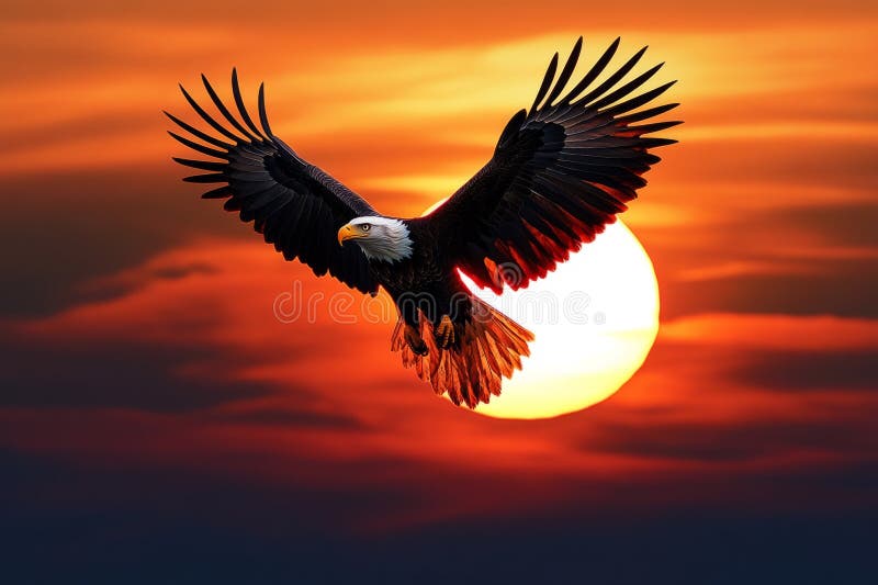 Bald Eagle Flying Dramatic Red Sunset Spread Wings Stock Photos - Free ...