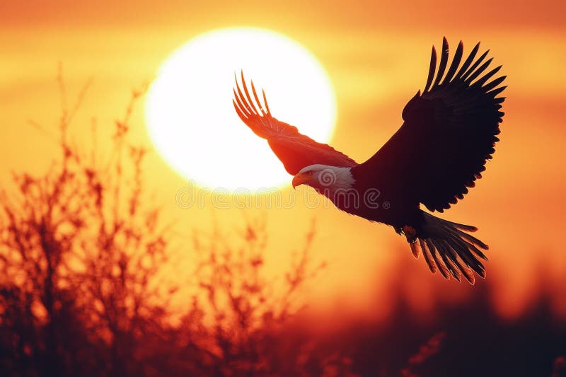 Bald Eagle Flying Dramatic Red Sunset Spread Wings Stock Photos - Free ...