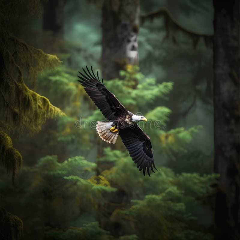 Bald Eagle Flying in the Forest. 3D Rendering Stock Illustration ...