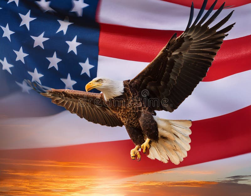 Bald Eagle Flying in Front of the American Flag with Motion Look Stock ...