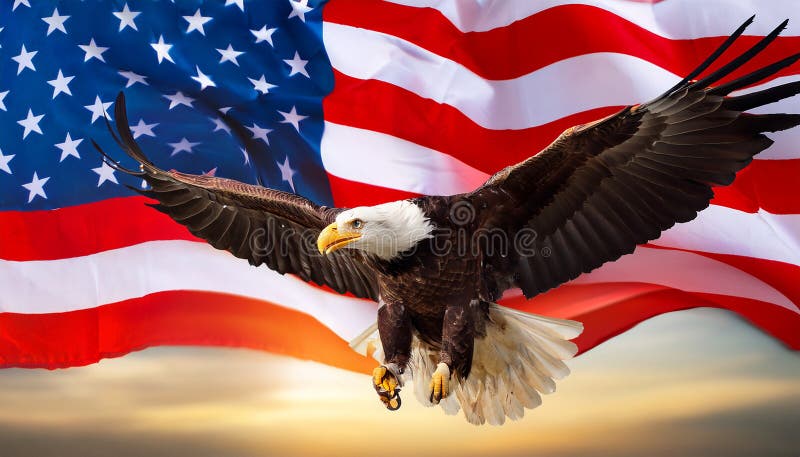 Bald Eagle Flying in Front of the American Flag with Motion Look Stock ...